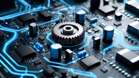 Circuit Board Close-up with Gears and Cogs. Electronic Computer ...
