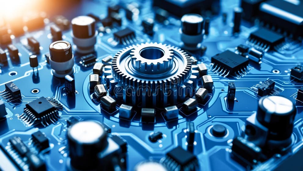 Circuit Board Close-up with Gears and Cogs. Electronic Computer ...
