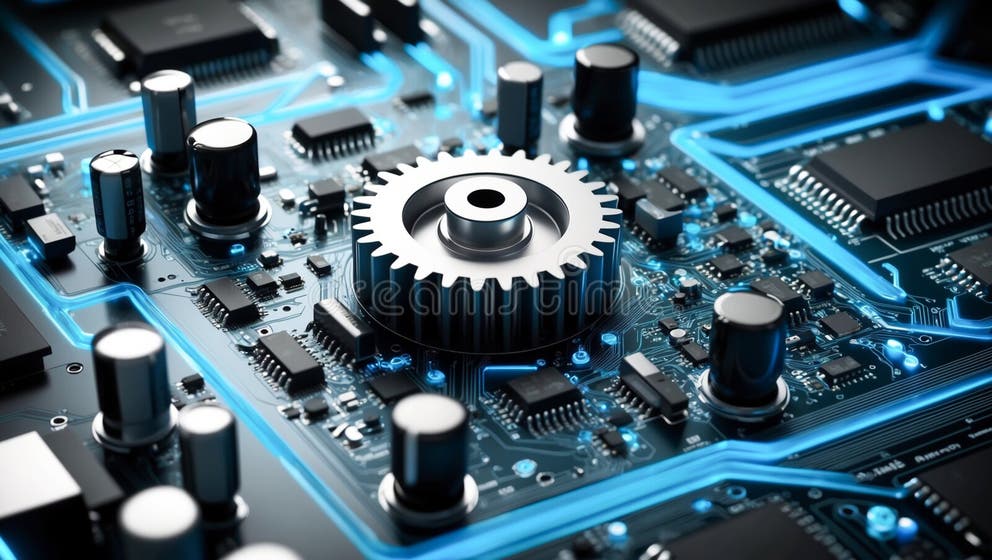 Circuit Board Close-up with Gears and Cogs. Electronic Computer ...