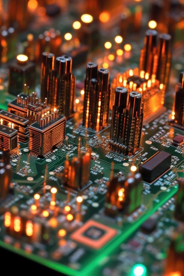 Circuit Board Close-up with Glowing Led Lights Stock Illustration ...