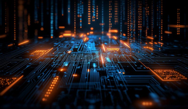 Circuit Board and Code with Orange and Blue Technology Backgrounds ...