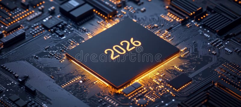Circuit Board and CPU Chip Illuminated with Number 2026, Symbolizing ...
