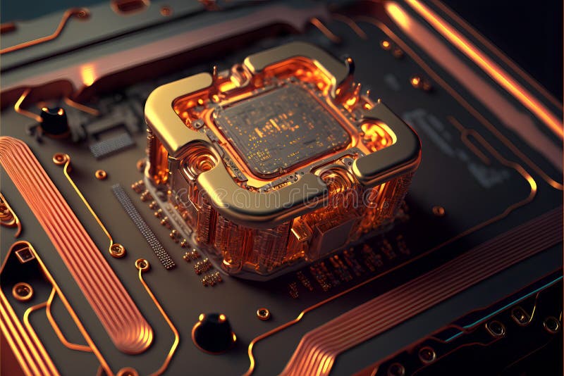 Circuit Board and Cpu Close Up with Orange Glow. Quantum Computer ...