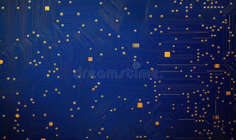 Circuit Board Design with Gold Components and Blue Background ...