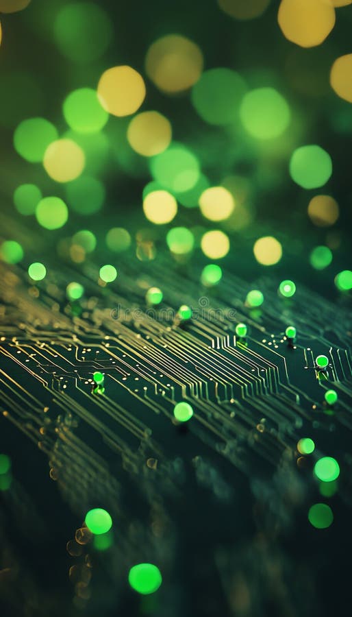 Circuit Board Design with Vibrant Green Lights and Bokeh Effect ...