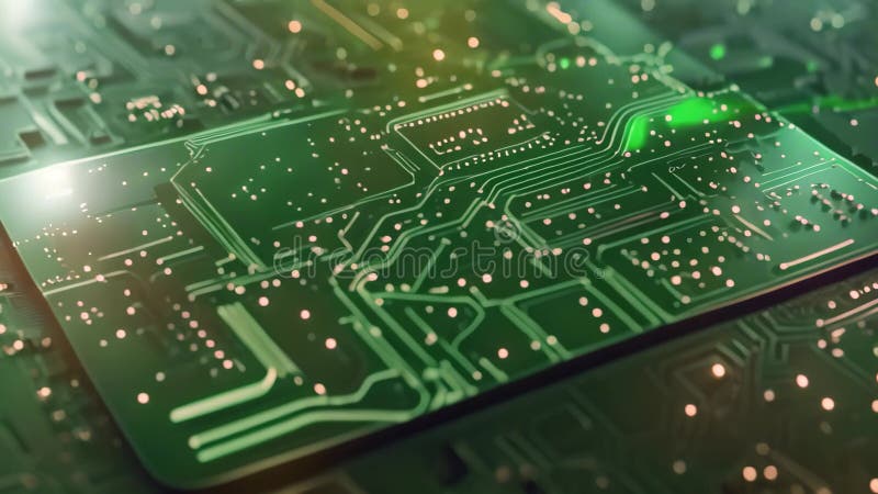 A Circuit Board Displaying a Glowing Green Light on Top, a Tech ...