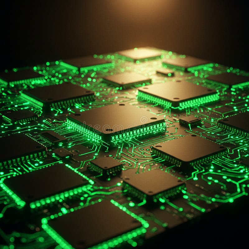 A Circuit Board Embedded with Multiple Microchips, Illuminated by ...
