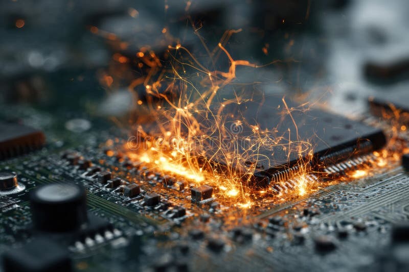 Circuit Board Emitting Error Sparks with Empty Space on the Left Side ...