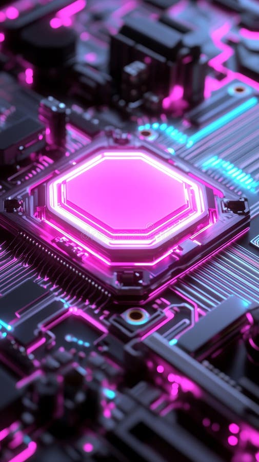 The Circuit Board Features a Glowing Neon Processor, a Product of ...
