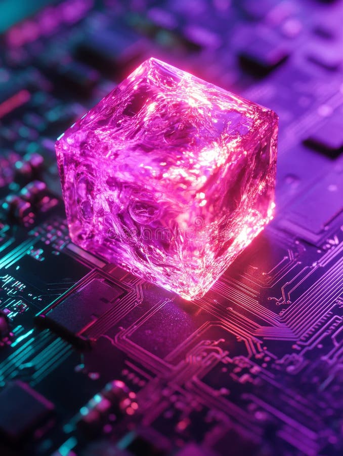 The Circuit Board Features a Glowing Translucent Cube, an Image ...