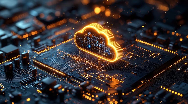 Digital Cloud Computing Technology Represented on a Circuit Board Illuminated by Orange Light at ...