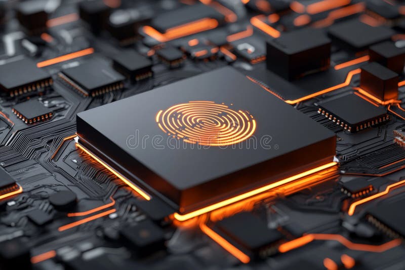 Circuit Board with Fingerprint Sensor Technology Illuminated by Orange ...