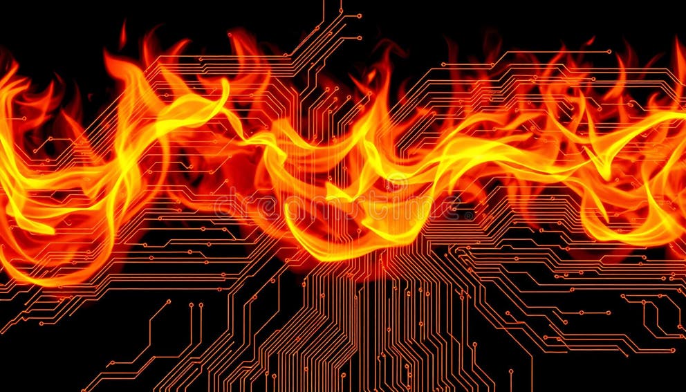 Circuit Board in Flames, Representing Tech Fire, Data Breach, Cyber ...