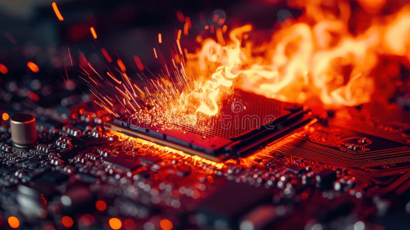Circuit Board with Flames and Sparks Emitting from Processor Chip Stock ...