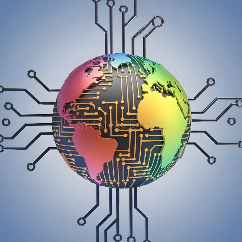 The Circuit Board and Globe are on a Blue Background. Vector ...