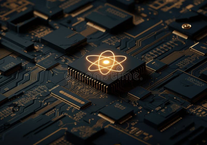 Circuit Board with a Glowing Atom Symbol Representing Technology and ...
