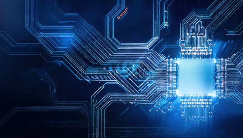 Circuit Board with Glowing Blue Light Emitting from Advanced Ai Powered ...
