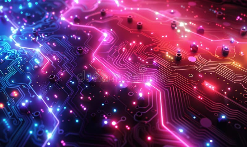 Circuit Board with Glowing Blue and Pink Neon Lights Stock Photo ...