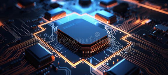 Circuit Board with Glowing Blue Processor Stock Illustration ...