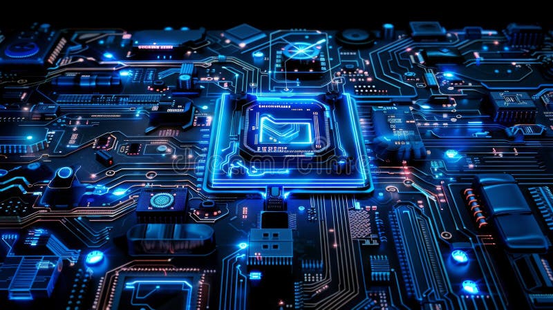 Circuit Board with Glowing Blue Processor, Tech Background Stock ...