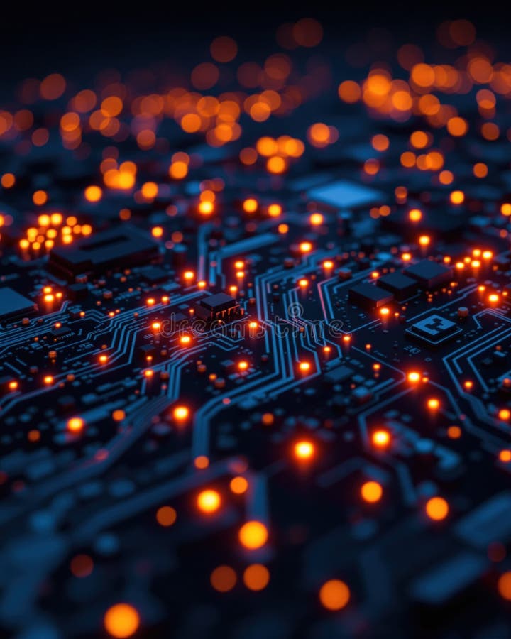 Circuit Board with Glowing Components Stock Illustration - Illustration ...