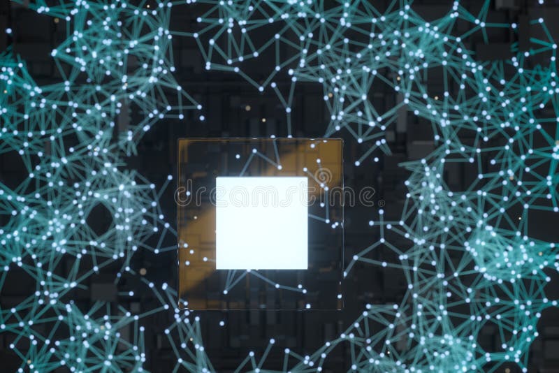 Circuit Board with Glowing Cube and Lines, 3d Rendering Stock ...