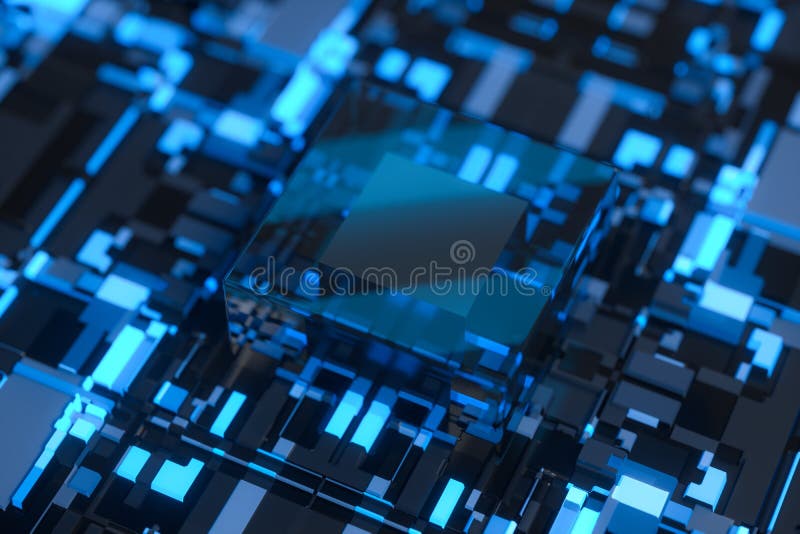 Circuit Board with Glowing Cube and Lines, 3d Rendering Stock ...