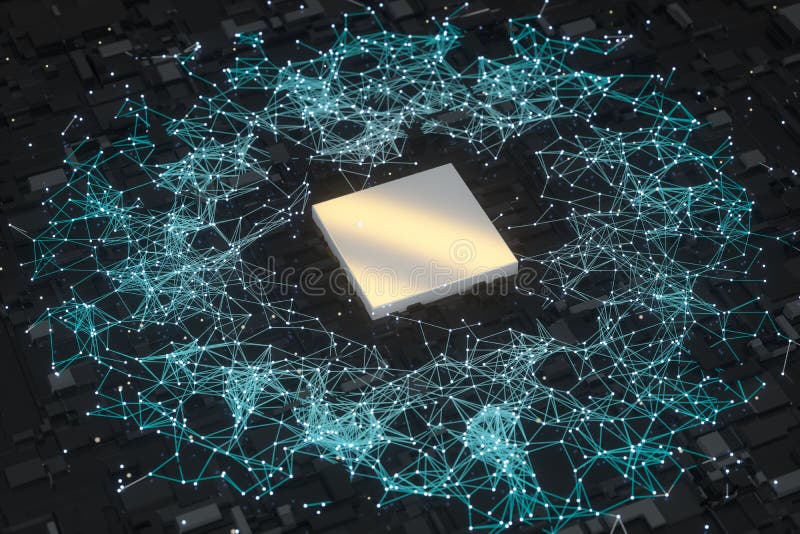 Circuit Board with Glowing Cube and Lines, 3d Rendering Stock ...