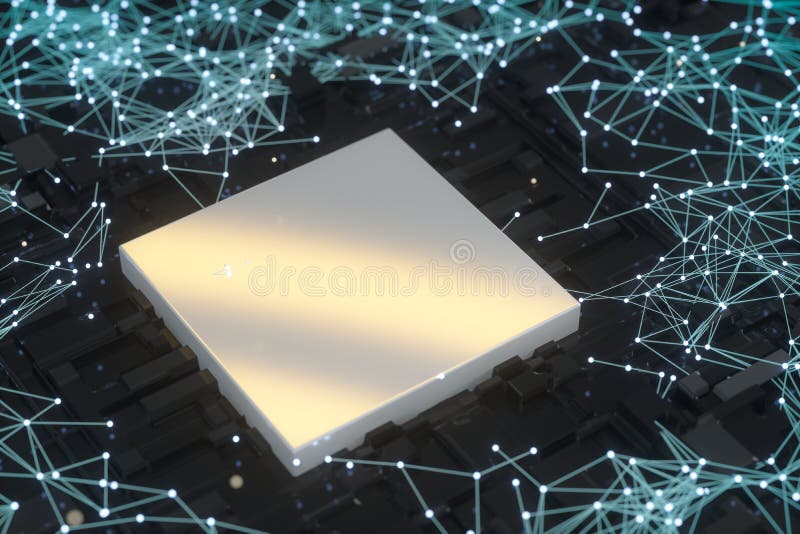 Circuit Board with Glowing Cube and Lines, 3d Rendering Stock ...