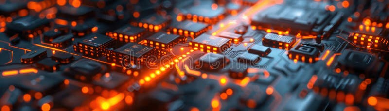 A Circuit Board with Glowing Orange Lights Stock Illustration ...