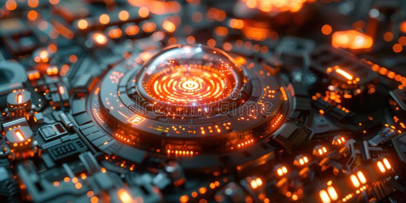 Circuit Board with Glowing Orange Lights Stock Illustration ...