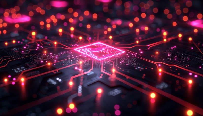 Circuit Board with Glowing Red CPU Chip Stock Image - Image of ...