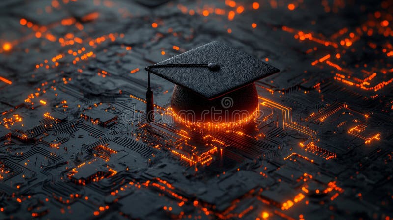 On a Circuit Board that Glows, a Graduation Cap is Placed, Signifying ...
