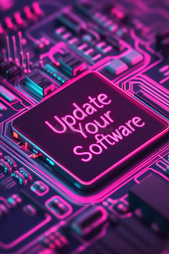 Circuit Board Glows with Software Update Message Cyber Security Safety ...