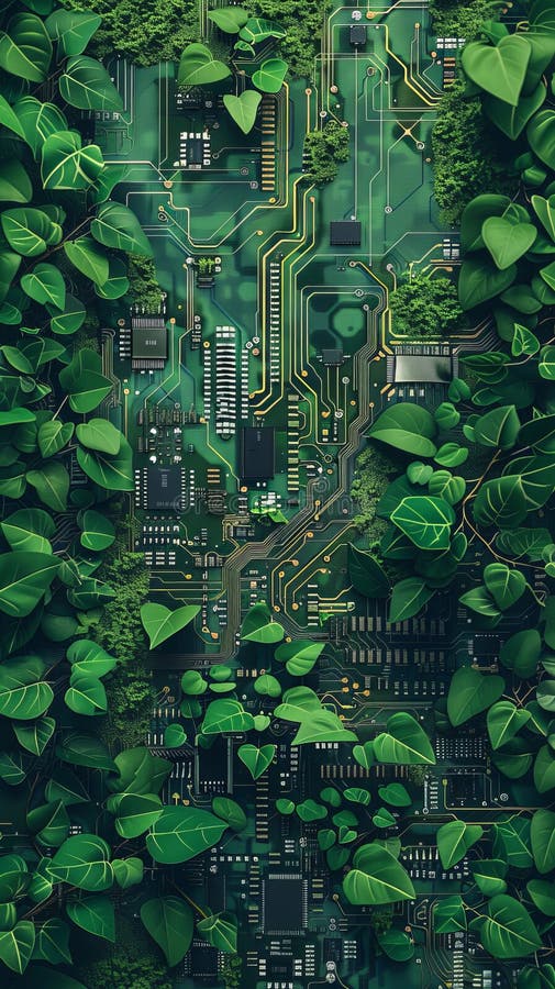 Circuit Board with Green Plants Integration, Eco Technology Concept ...