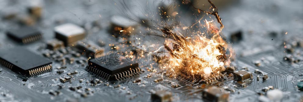 Circuit Board Igniting with Error Sparks and Empty Left Side in a ...