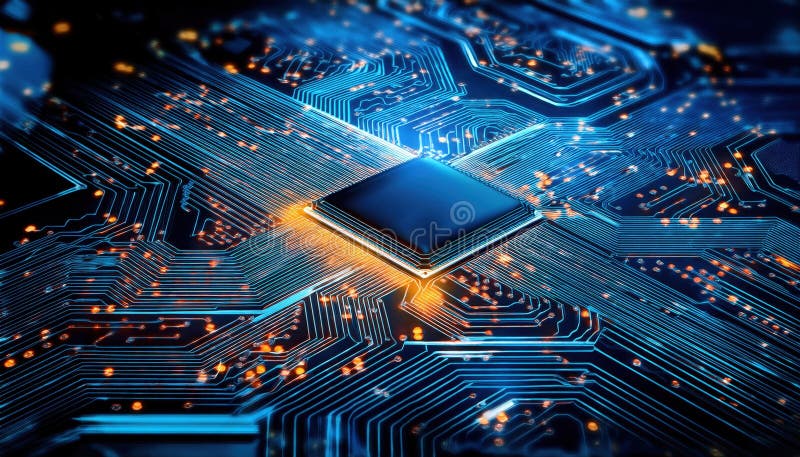 Circuit Board Illuminated with Blue and Yellow Light Showcasing ...