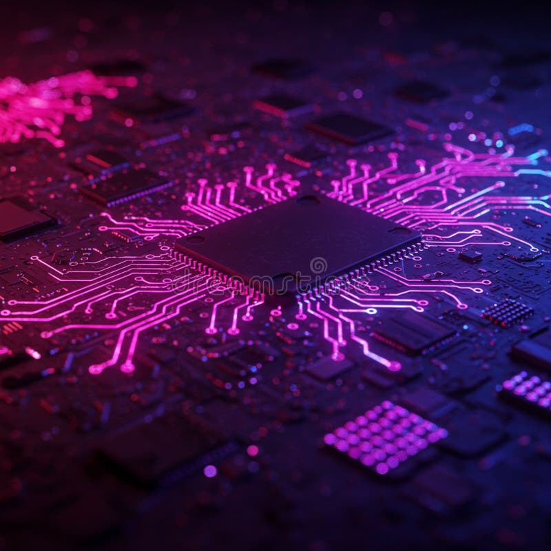 Circuit Board with Illuminated Pink and Purple Tracings, Creating a ...