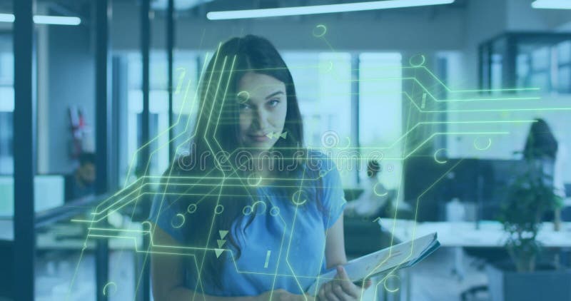 Circuit Board Image Over Businesswoman Holding Documents in Modern ...