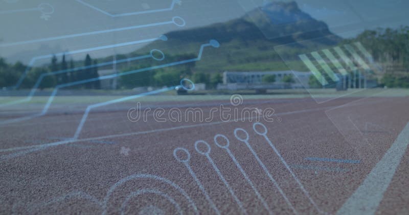 Circuit Board Image Over Running Track and Mountainous Landscape Stock ...