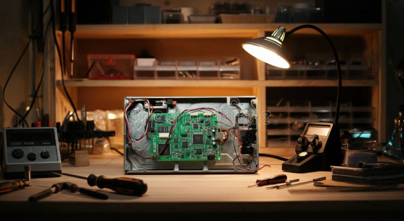 Circuit Board Inside a Device on a Workbench with Tools and Lamp Stock ...