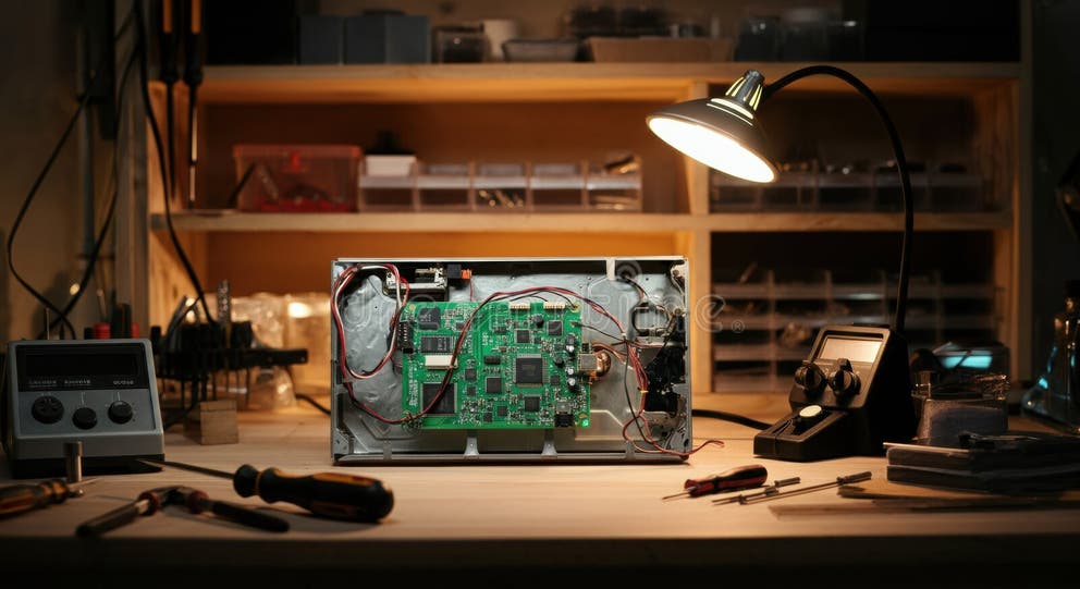 Circuit Board Inside a Device on a Workbench with Tools and Lamp Stock ...