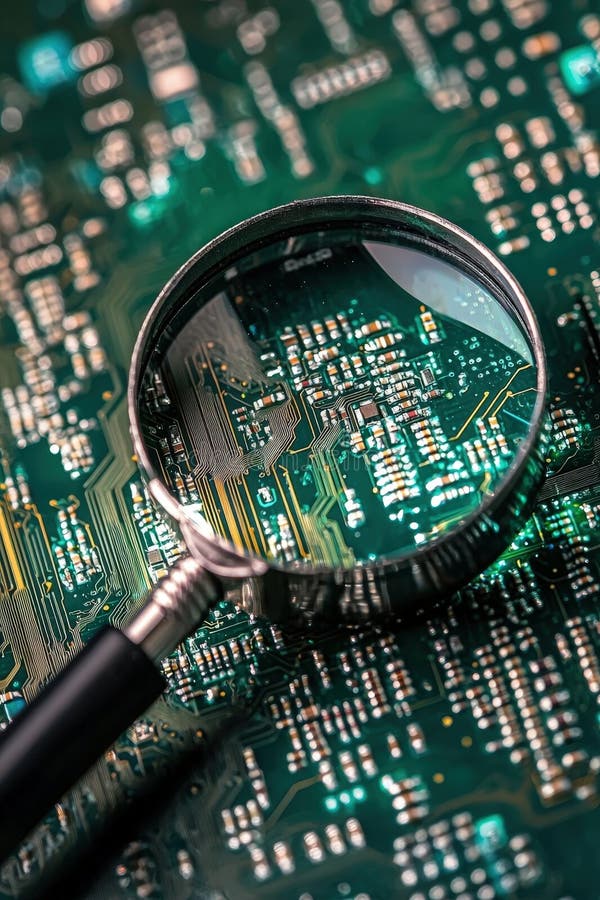 On the Circuit Board with a Magnifying Glass. Selective Focus Stock ...
