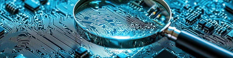On the Circuit Board with a Magnifying Glass. Selective Focus Stock ...
