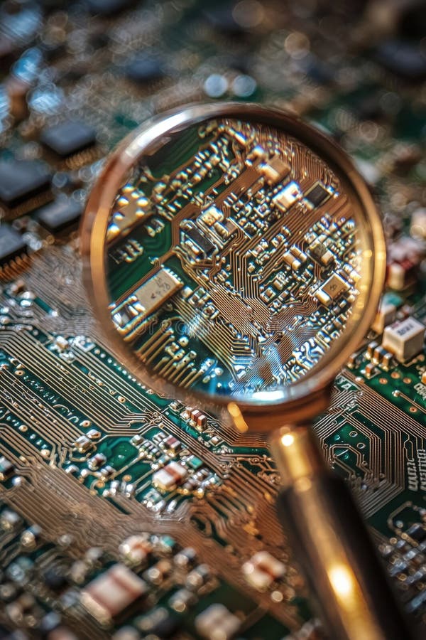 On the Circuit Board with a Magnifying Glass. Selective Focus Stock ...