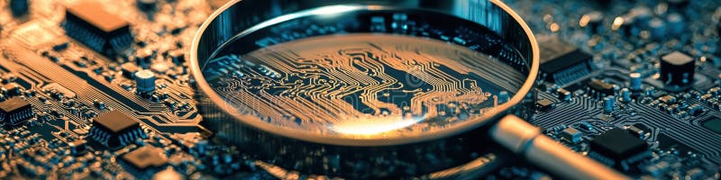 On the Circuit Board with a Magnifying Glass. Selective Focus Stock ...