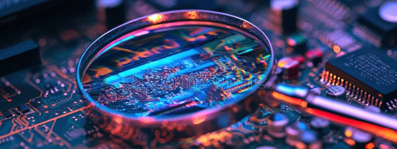 On the Circuit Board with a Magnifying Glass. Selective Focus Stock ...