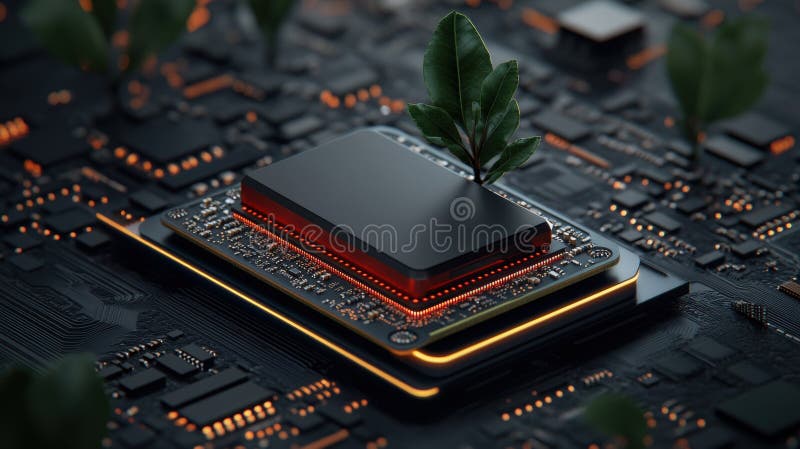 Circuit Board with a Microchip and Green Plants Growing Symbolizing ...