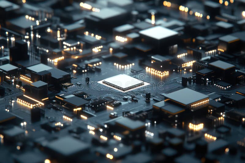 Circuit Board with Microchips and White LED Lighting Background Stock ...