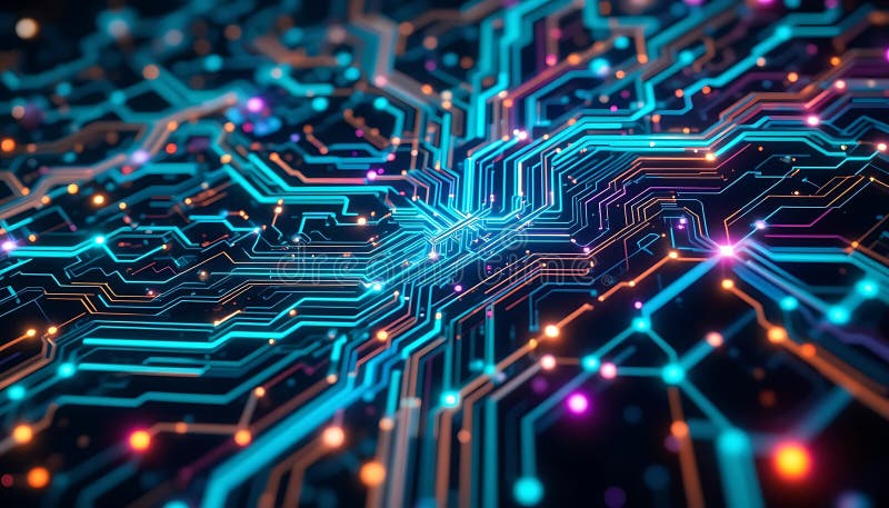 Circuit Board Network with Glowing Light Paths in Blue and Orange Stock ...